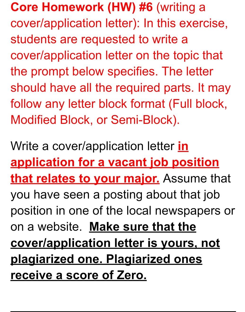 Solved Core Homework (HW) #6 (writing a cover/application | Chegg.com