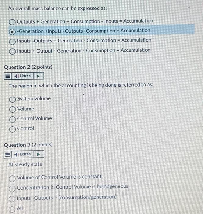 Solved An overall mass balance can be expressed as: Outputs | Chegg.com