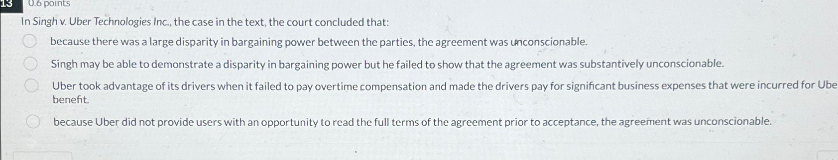 Solved In Singh v. ﻿Uber Technologies Inc., the case in the | Chegg.com