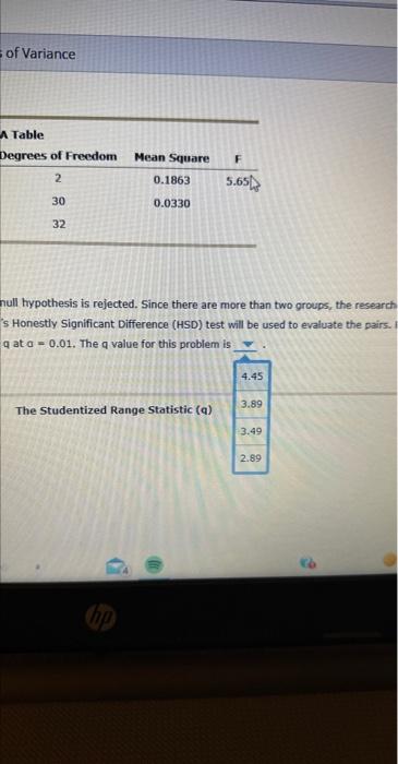 of Variance null hypothesis is rejected. Since there | Chegg.com