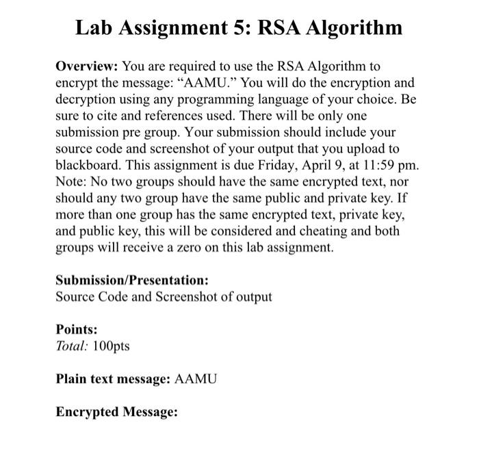 Solved Lab Assignment 5: RSA Algorithm Overview: You are | Chegg.com