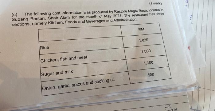 Solved (c) The following cost information was produced by | Chegg.com