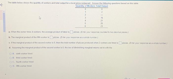 Solved The table below shows the quantity of workers and | Chegg.com