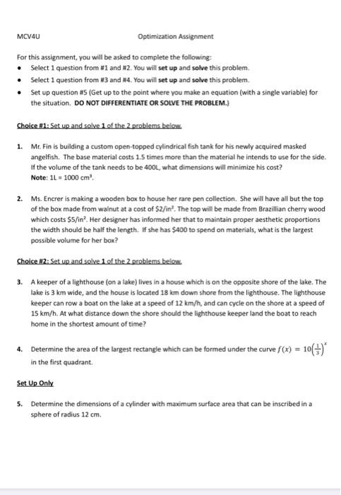 Solved MCV4U Optimization Assignment For this assignment, | Chegg.com