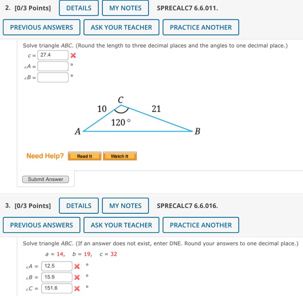 Solved [0/3 ﻿Points]SPRECALC7 6.6.011.Solve triangle ABC. | Chegg.com