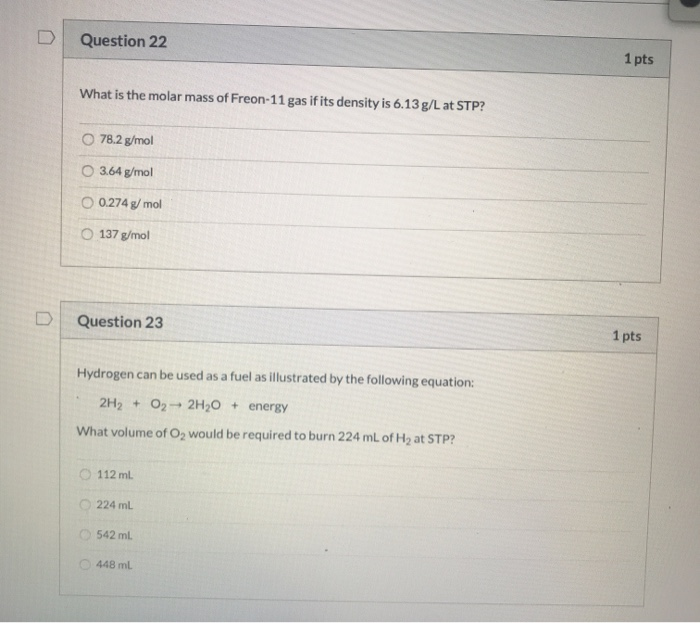 Solved Question 22 1 pts What is the molar mass of Freon-11 | Chegg.com