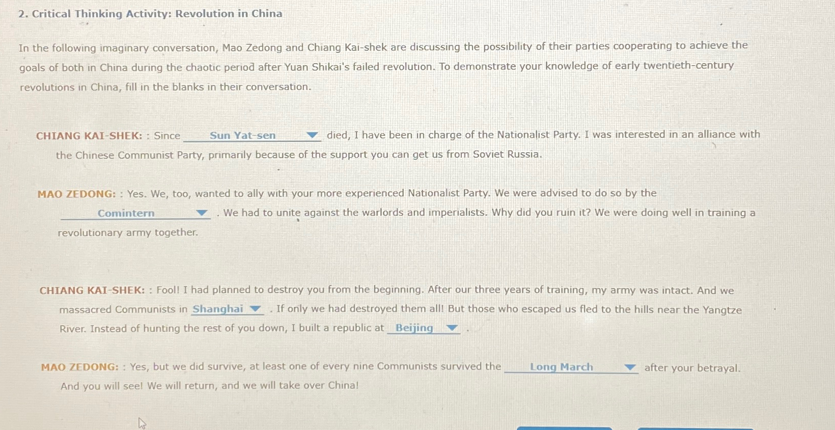 Solved Critical Thinking Activity: Revolution in ChinaIn the | Chegg.com