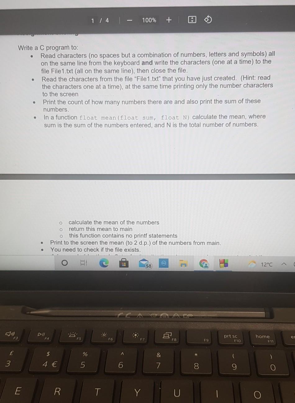 Solved 1 1 4 1 100% + . Write a C program to: Read | Chegg.com