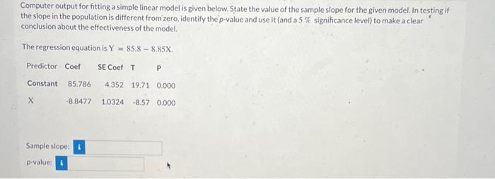 Solved Computer output for fitting a simple linear model is | Chegg.com