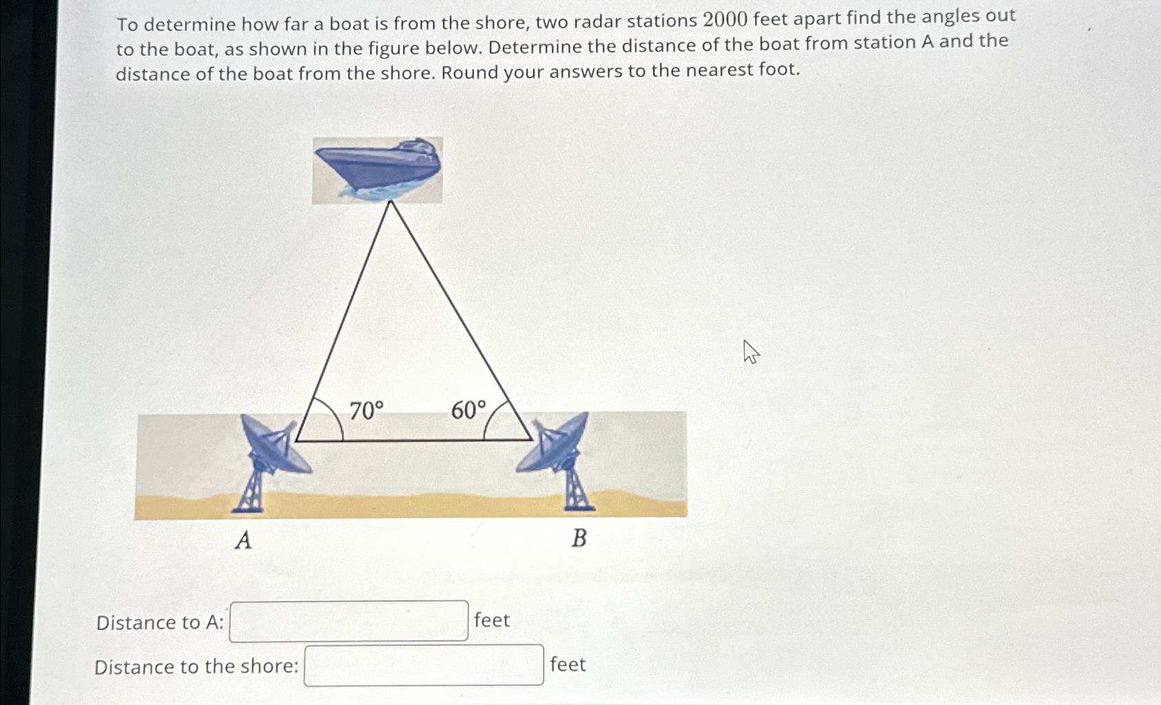 Solved To determine how far a boat is from the shore, two | Chegg.com