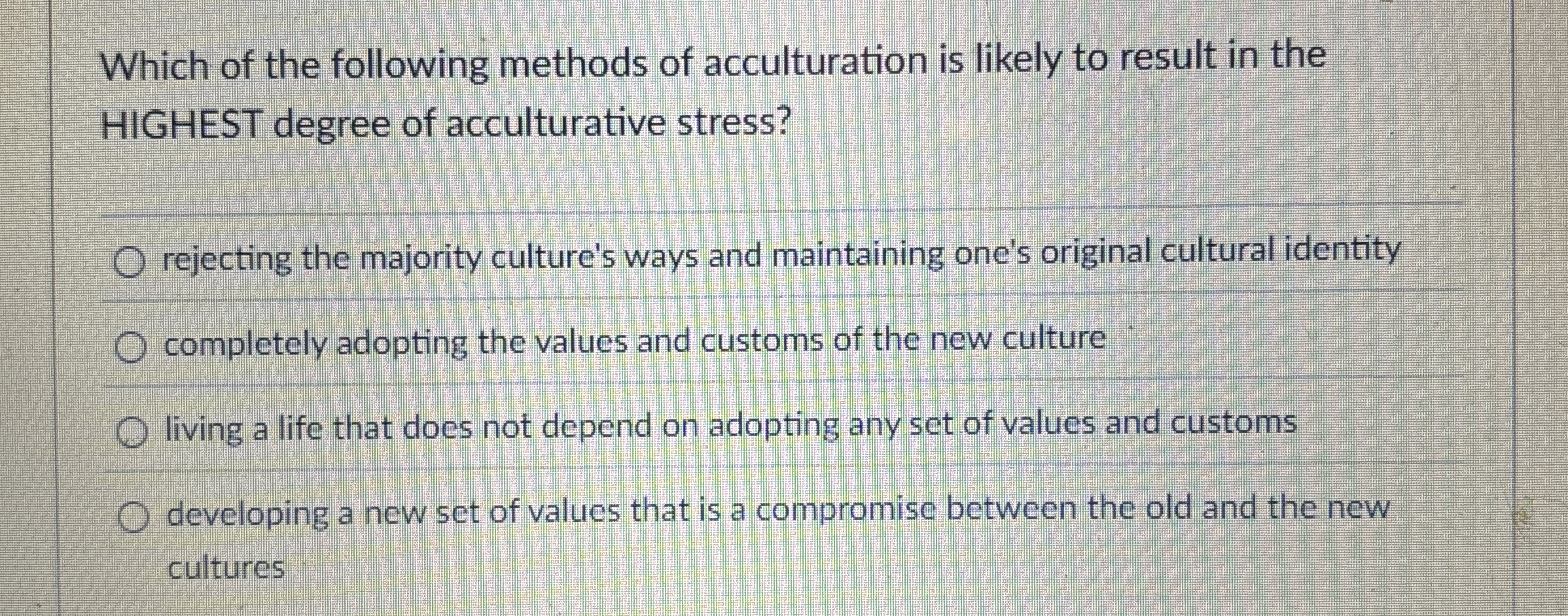 Solved Which of the following methods of acculturation is | Chegg.com