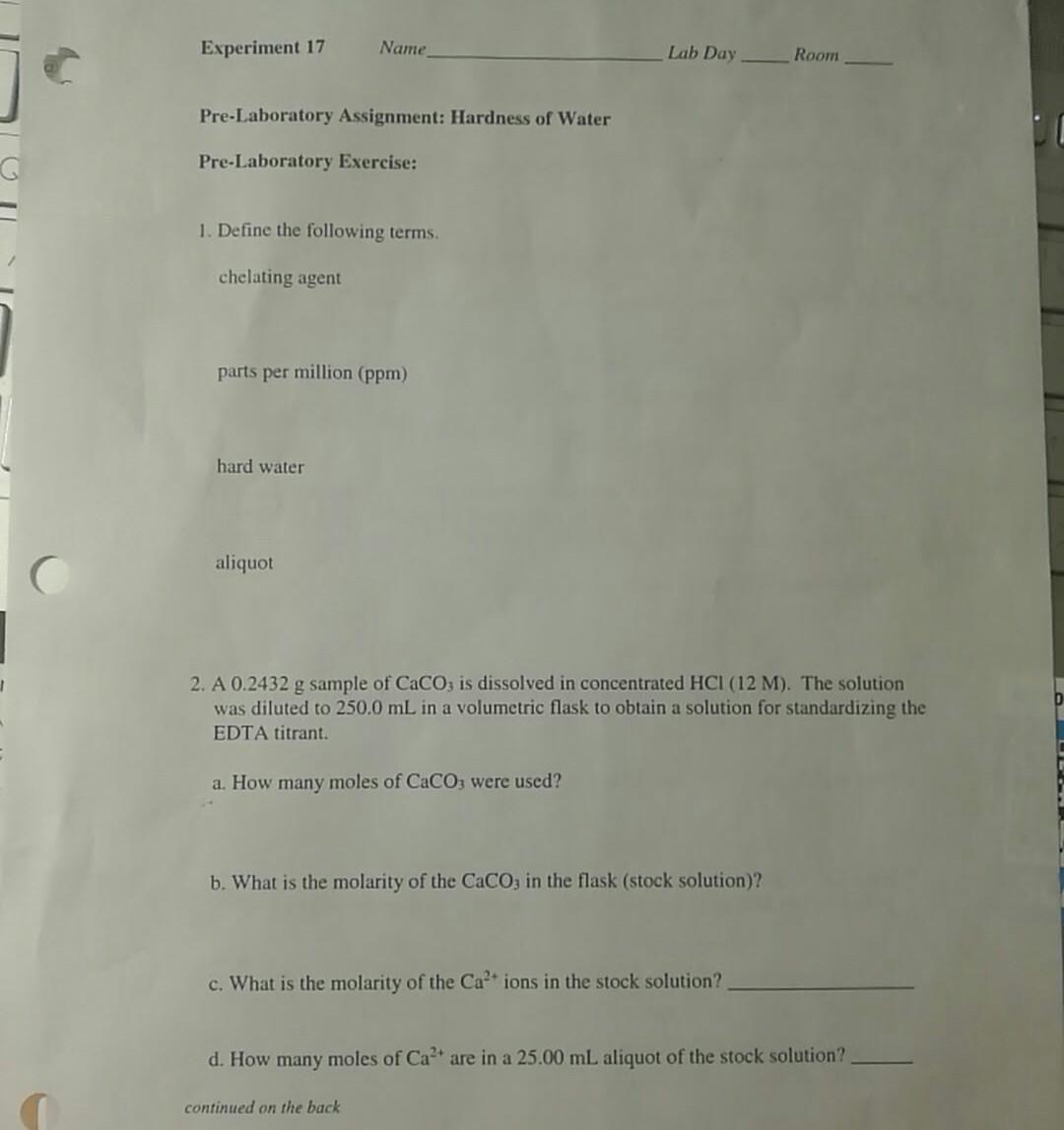 Solved Experiment 17 Name Lab Day Room Pre-Laboratory | Chegg.com