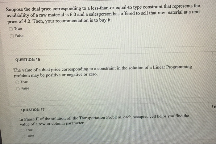 Solved Suppose the dual price corresponding to a | Chegg.com