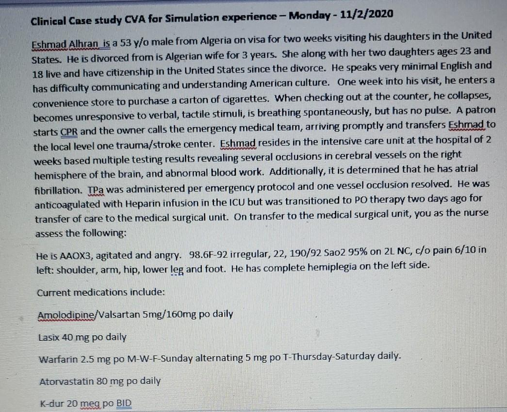 Solved Clinical Case study CVA for Simulation experience - | Chegg.com