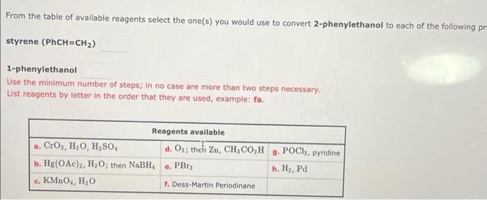 Solved From the table of available reagents select the | Chegg.com