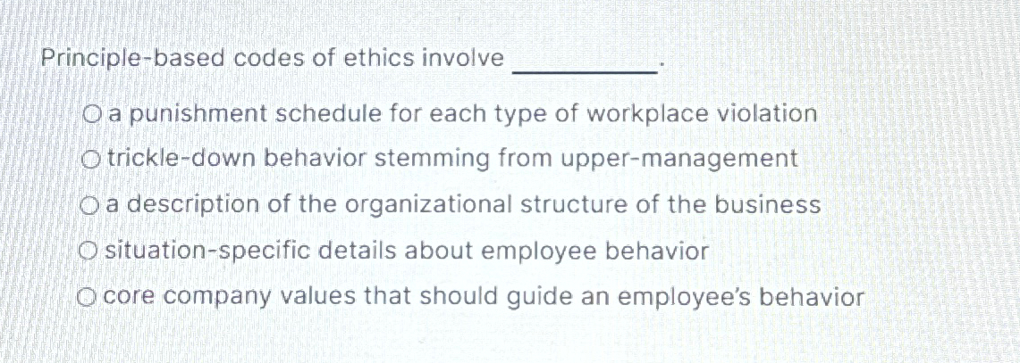 Solved Principle-based codes of ethics involvea punishment | Chegg.com