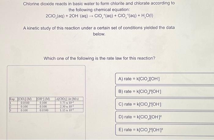 Solved Chlorine dioxide reacts in basic water to form | Chegg.com