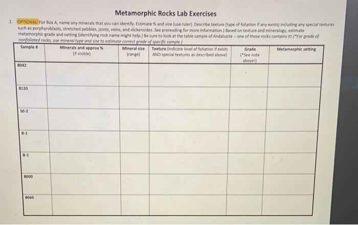 Solved Metamorphic Rocks Lab Exercises1. OPTIONAL: For Box | Chegg.com