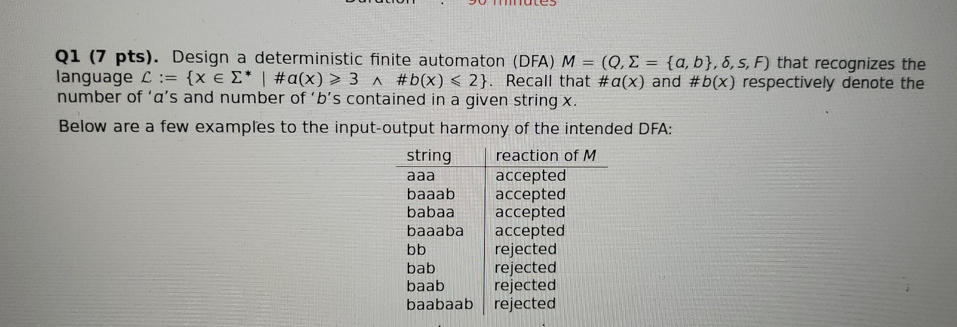 Solved Q1 (7 pts). Design a deterministic finite automaton | Chegg.com