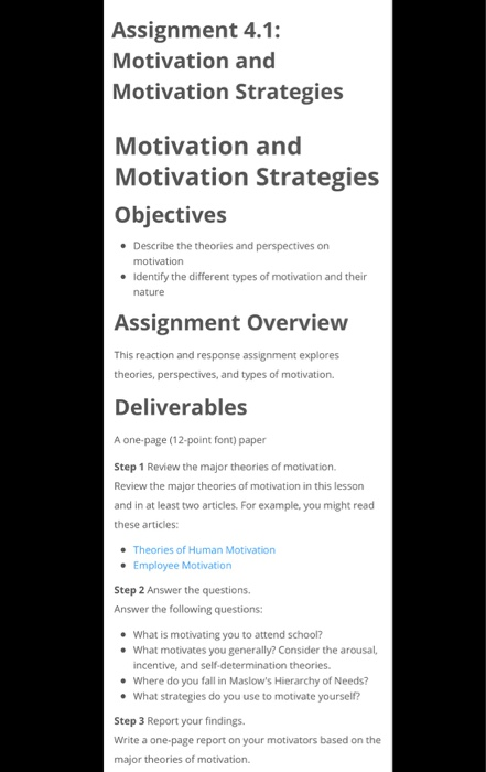 Assignment 4.1: Motivation and Motivation Strategies | Chegg.com