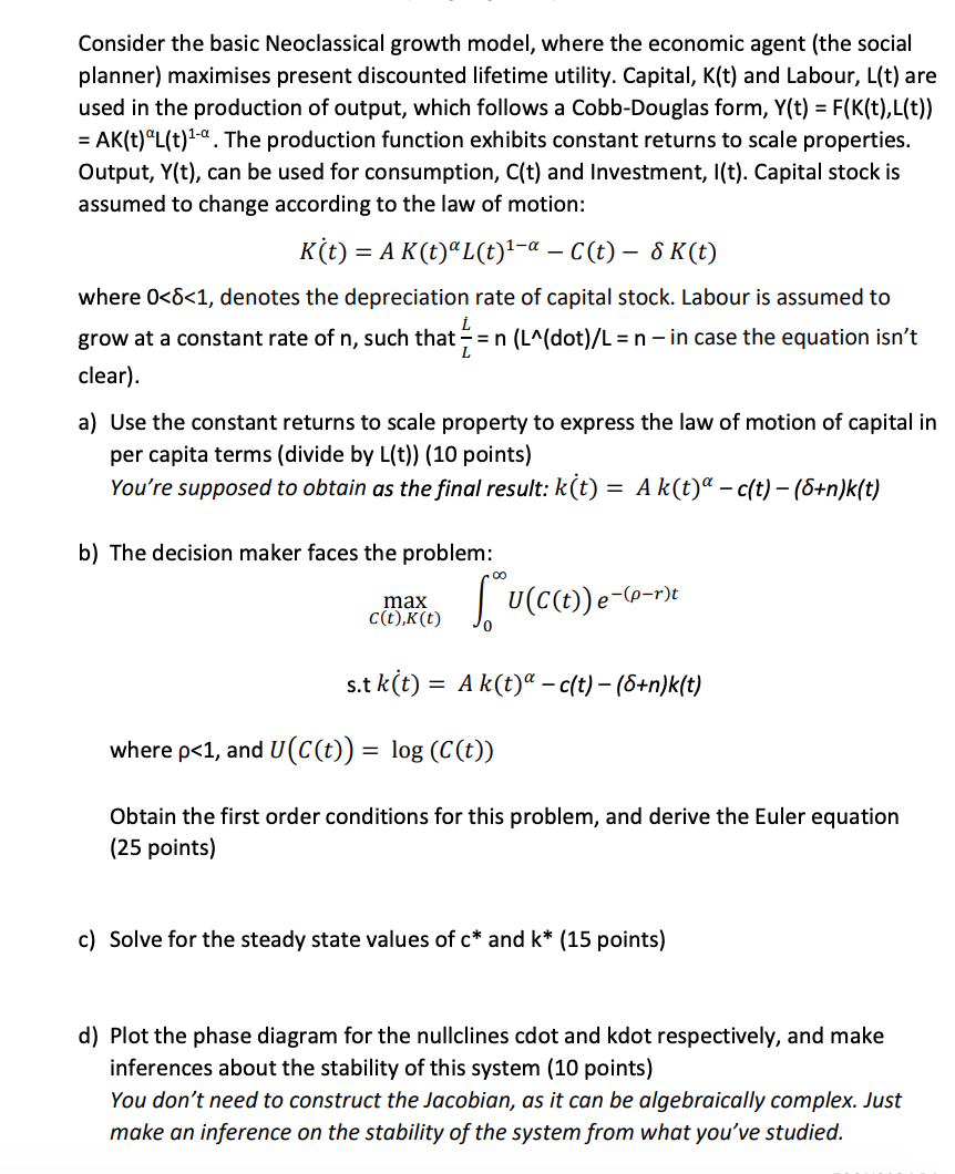 Solved Consider the basic Neoclassical growth model, where | Chegg.com