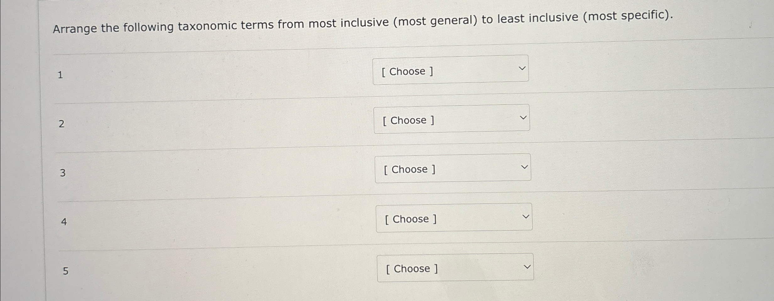 Solved Arrange the following taxonomic terms from most | Chegg.com