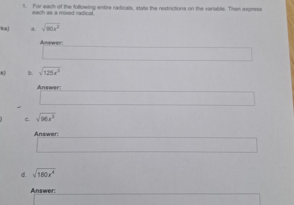 Solved For each of the following entire radicals, state the | Chegg.com