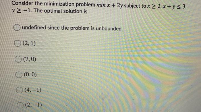 Solved Consider the minimization problem min x + 2y subject | Chegg.com