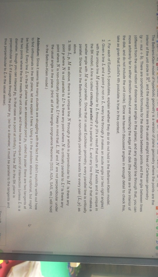 JU The Beltrami-Klein model of hyperbolic geometry is | Chegg.com