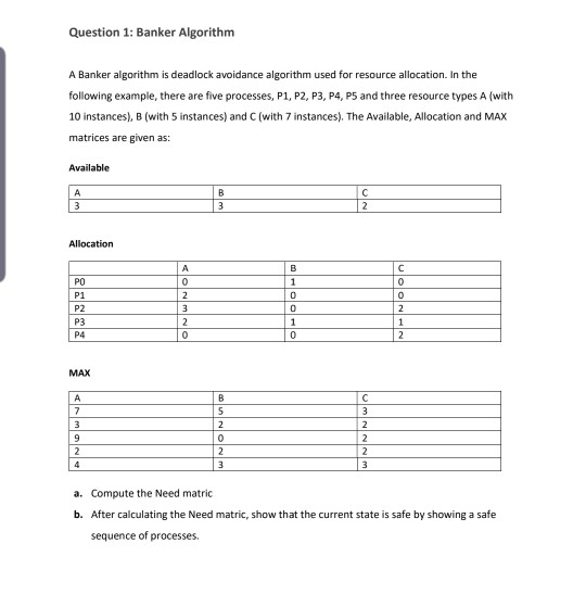 Solved Question 1: Banker Algorithm A Banker algorithm is | Chegg.com