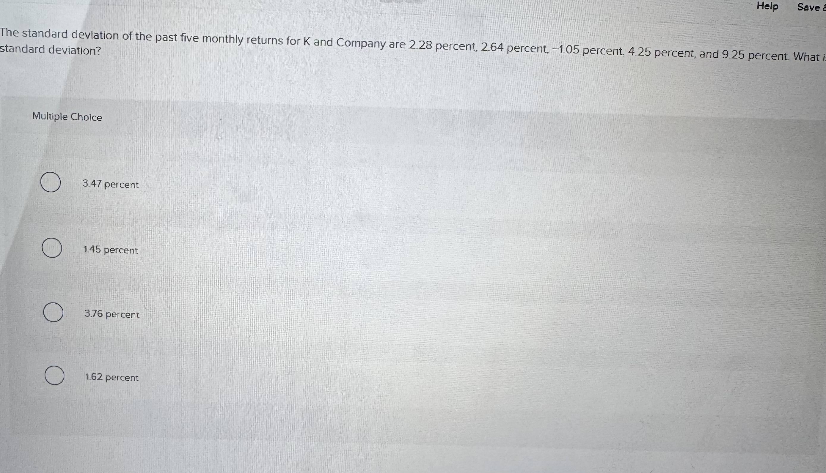 Solved The standard deviation of the past five monthly | Chegg.com