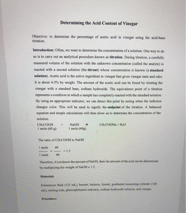 Determining the Acid Content of Vinegar Objective: to | Chegg.com