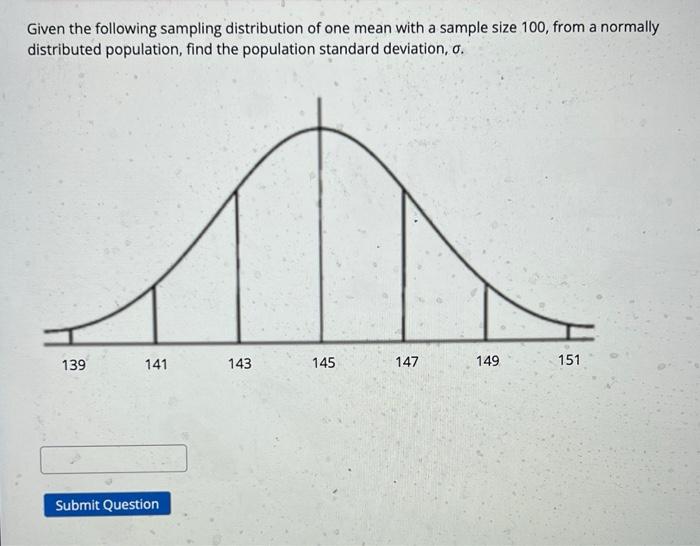 Solved Given the following sampling distribution of one mean | Chegg.com