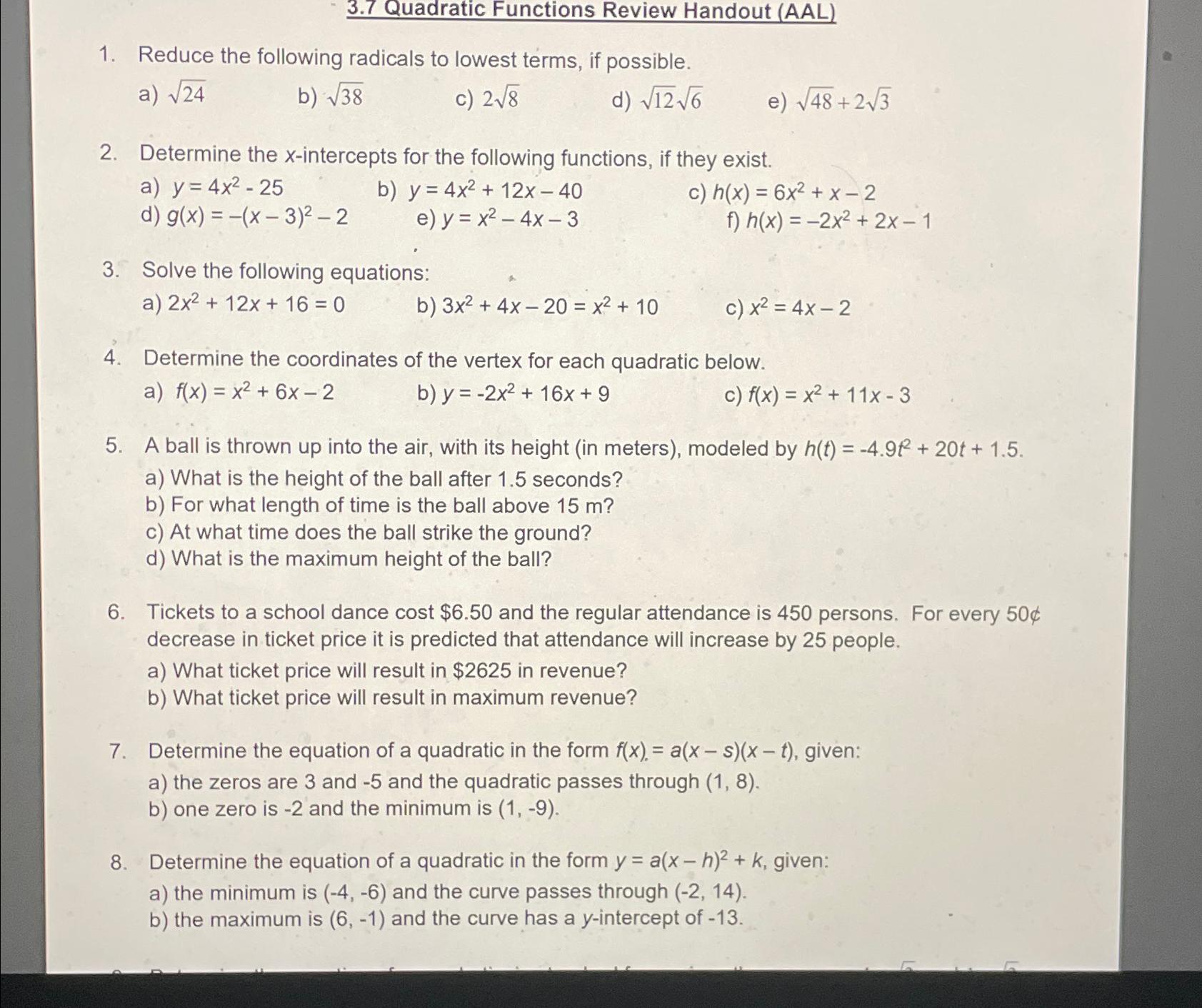 Solved 3.7 ﻿Quadratic Functions Review Handout (AAL)Reduce | Chegg.com