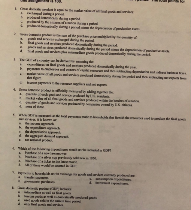 Solved will assignment is 100. Gross domestic product is | Chegg.com