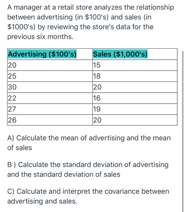 Solved A manager at a retail store analyzes the relationship | Chegg.com