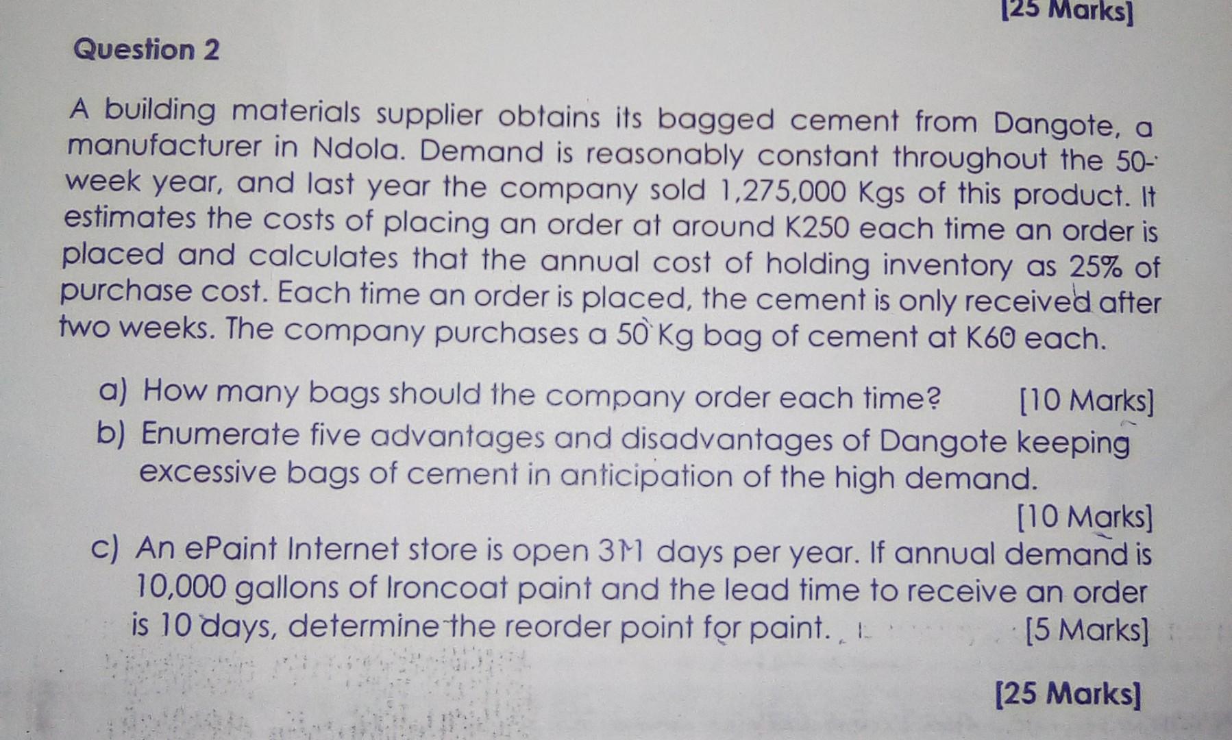 Solved A building materials supplier obtains its bagged | Chegg.com