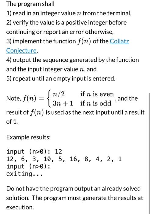Solved 1) read in an integer value n from the terminal, 2) | Chegg.com