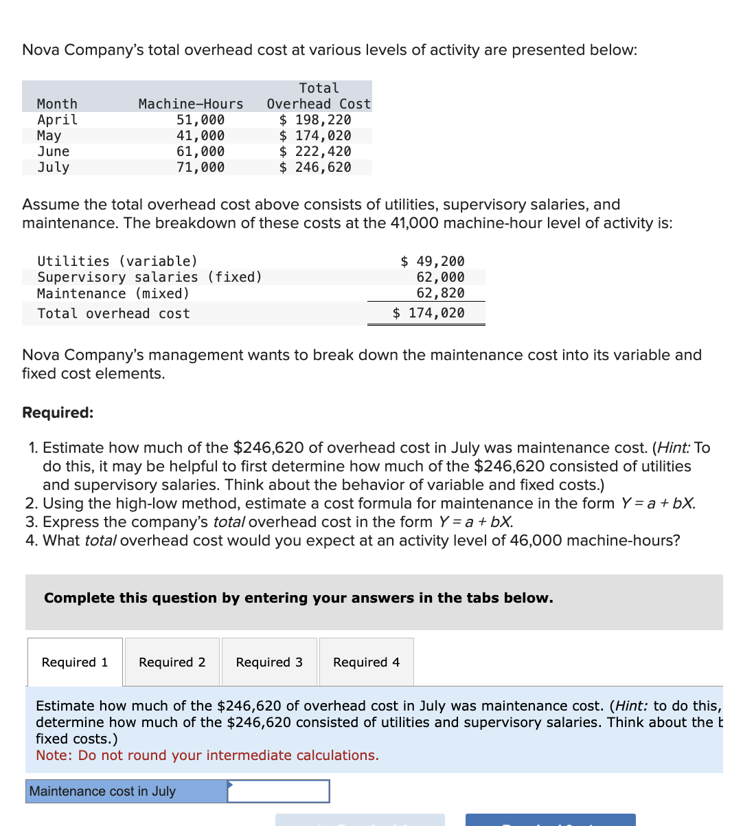 Solved Nova Company's total overhead cost at various levels | Chegg.com