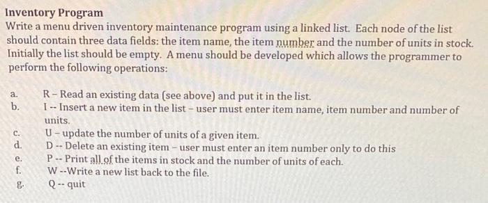 Solved Inventory Program Write a menu driven inventory | Chegg.com