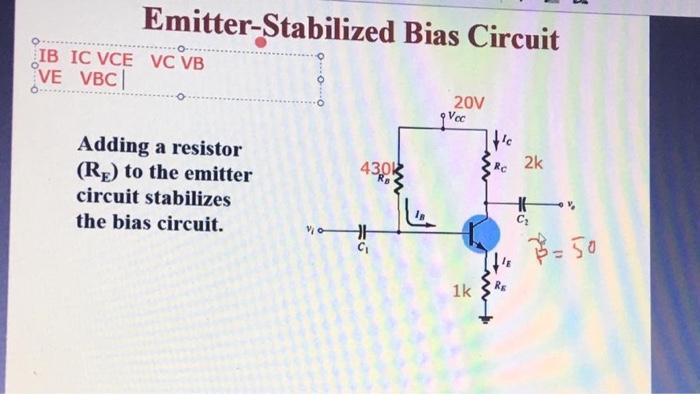 Solved Emitter-Stabilized Bias Circuit IB IC VCE VC VB VE | Chegg.com