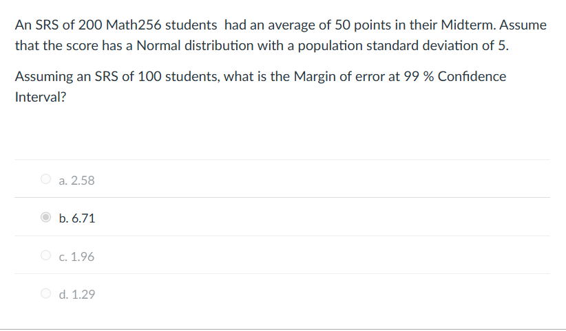 Solved An SRS of 200 ﻿Math256 ﻿students had an average of 50 | Chegg.com