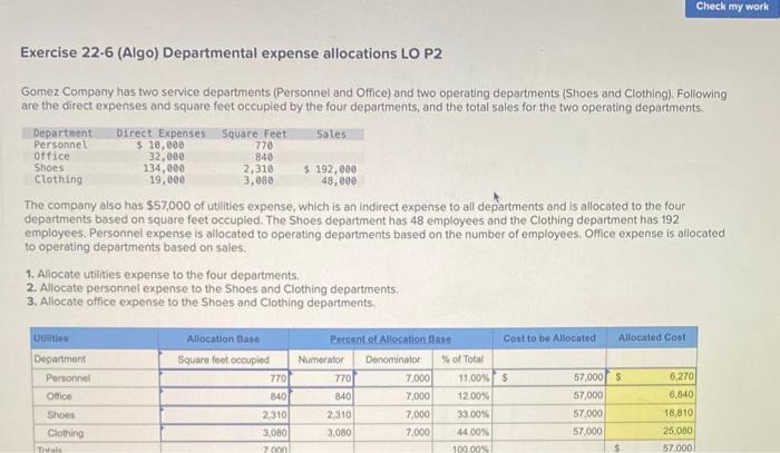 Solved Exercise 22-6 (Algo) Departmental expense allocations | Chegg.com