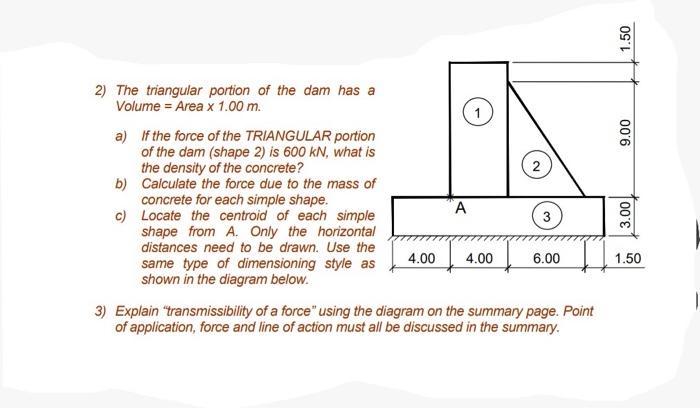 Solved 2) The triangular portion of the dam has a Volume = | Chegg.com