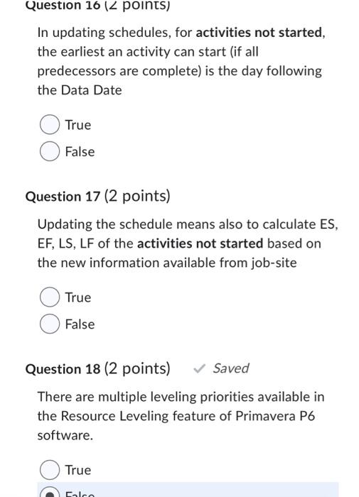 Solved In updating schedules, for activities not started, | Chegg.com