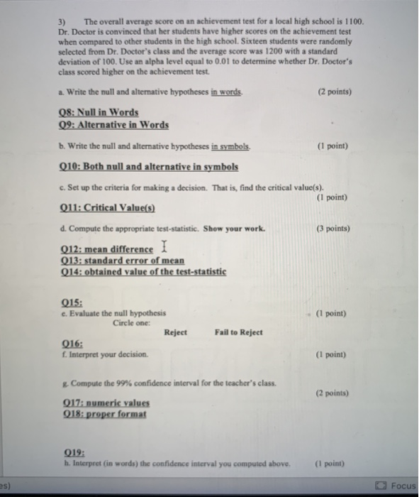 Solved 3) The overall average score on an achievement test | Chegg.com