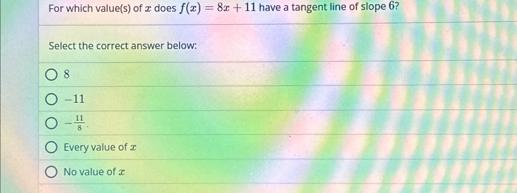 Solved For which value(s) ﻿of x ﻿does f(x)=8x+11 ﻿have a | Chegg.com