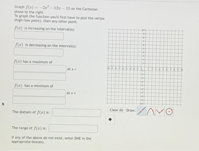 Solved Graph f(x)=−2x2−12x−15 on the Cartesian plane to the | Chegg.com