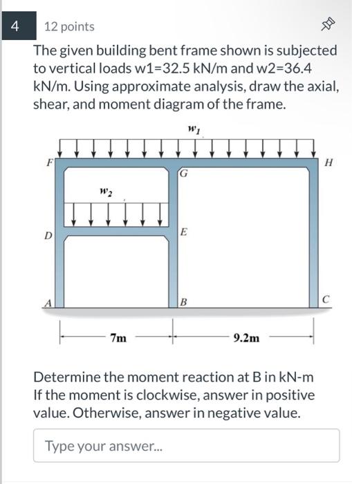 Solved 12 points The given building bent frame shown is | Chegg.com