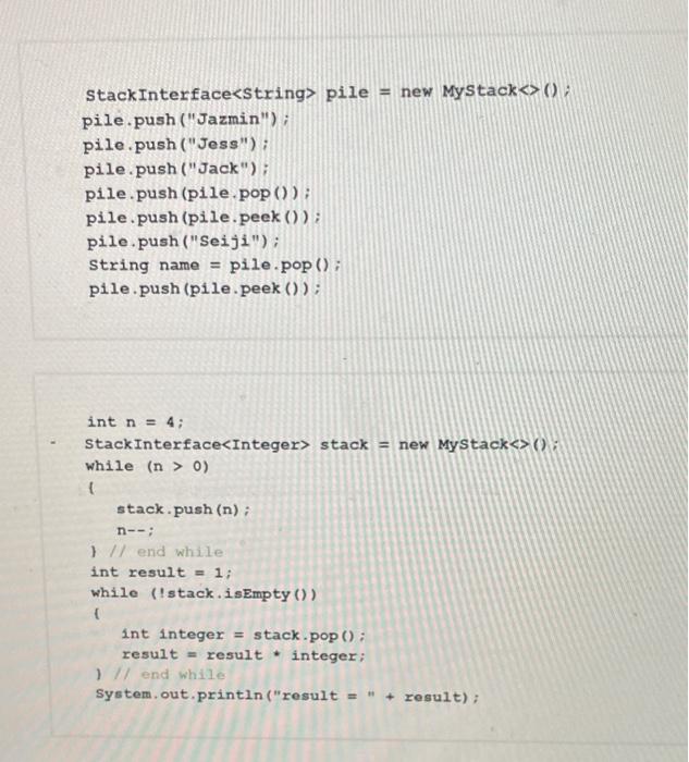 Solved 1. Using the class java.util.Stack, define a class | Chegg.com